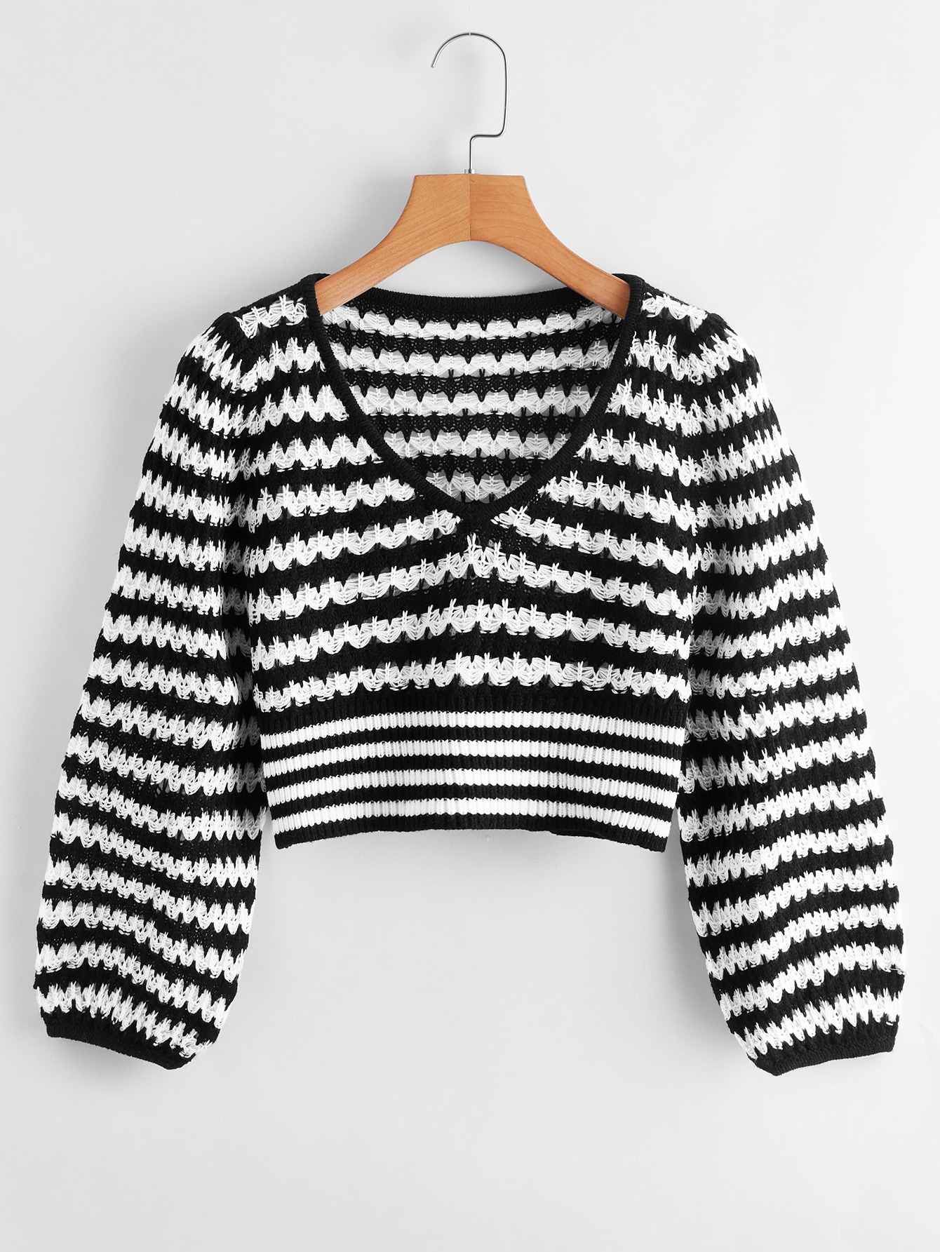 Open Knit Striped V Neck Sweater