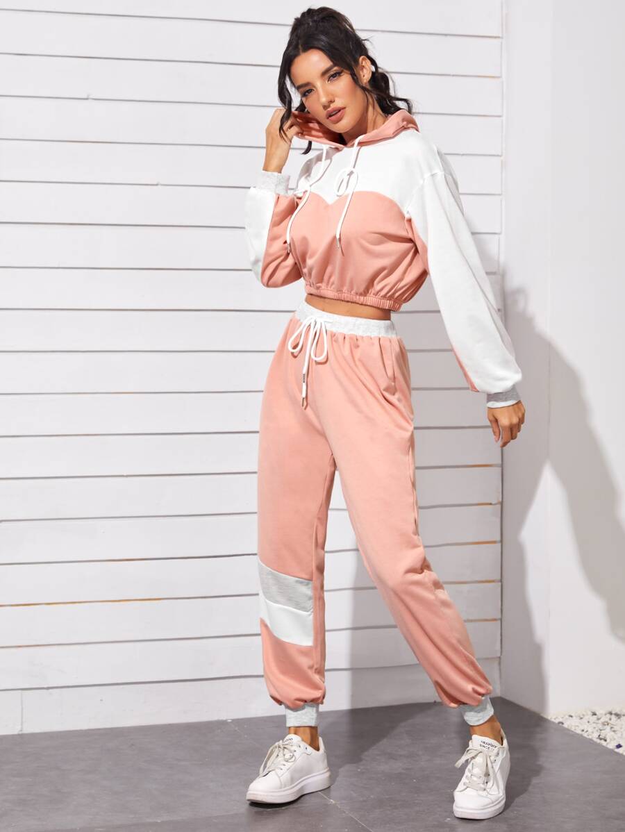 Colorblock Cropped Hoodie & Joggers Set | SHEIN USA