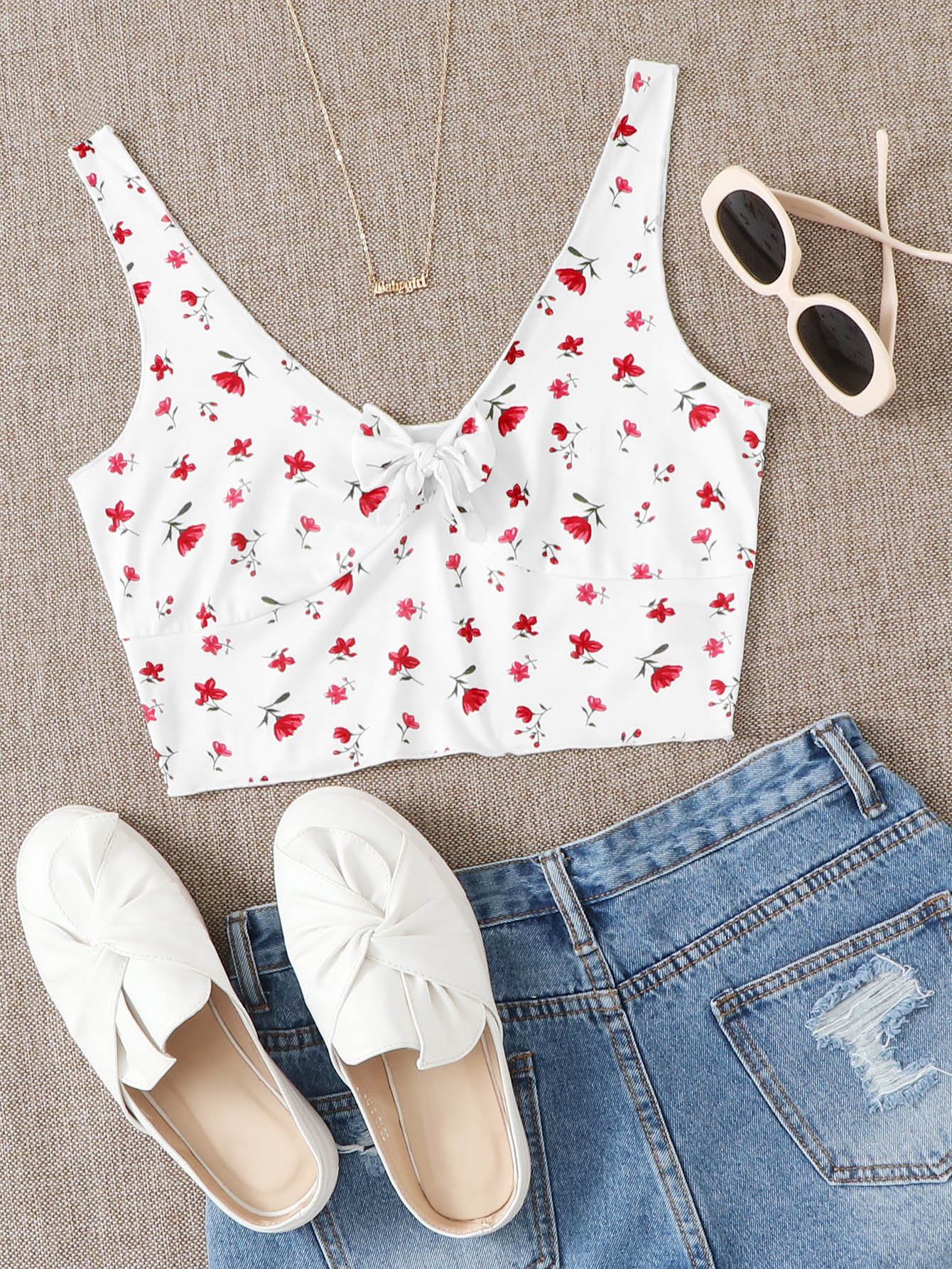 Shein Qutie Cottagecore Top Tank Con Estampado Floral Con Lazo Crop