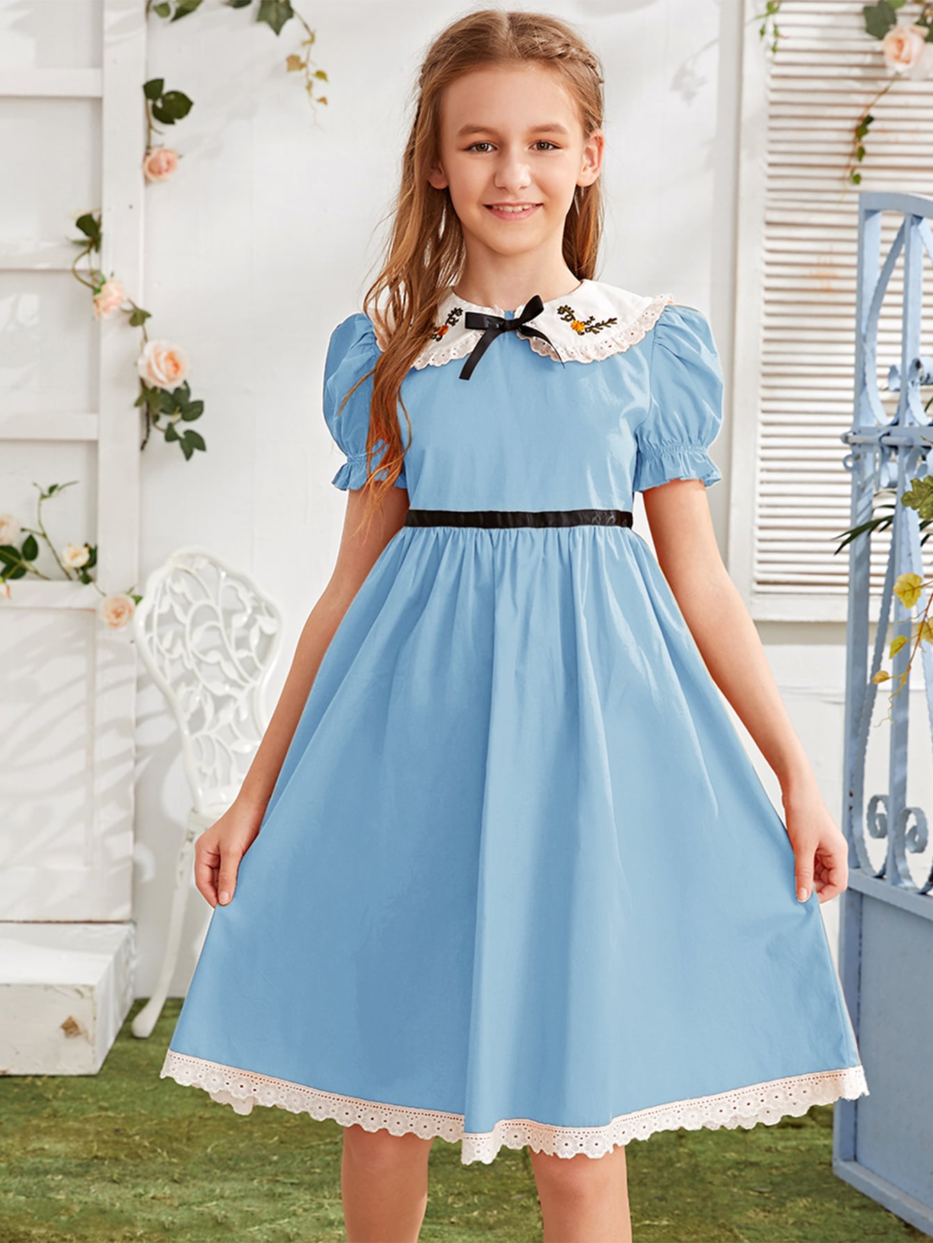 Girls Puff Sleeve Eyelet Embroidered Trim Dress
