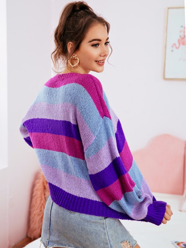 Drop Shoulder Colorblock Striped Sweater | SHEIN USA