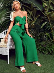 SHEIN VCAY Tie Front Tube Top and Wide Leg Pants Set | SHEIN EUR
