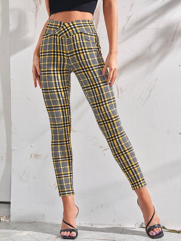 SHEIN Privé Notched Waistband Tartan Pants | SHEIN USA