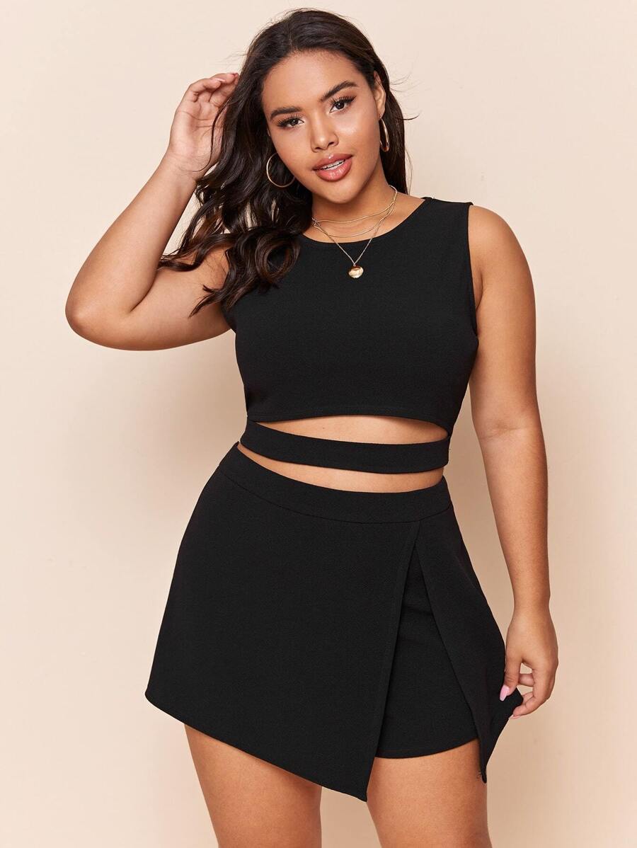 Privéa Plus Cut Out Tank Top & Split Hem Skort Set | SHEIN USA