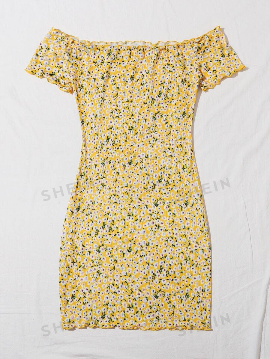 Shein Wywh Vestido Ribete En Forma De Lechuga De Hombros Descubiertos
