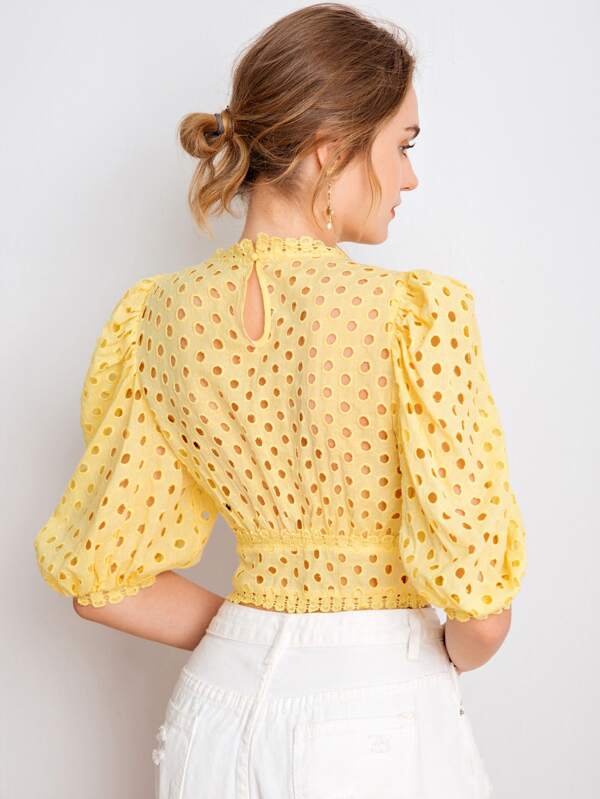 Shein Guipure Lace Trim Puff Sleeve Schiffy Crop Top Shein Uk