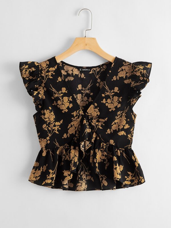 SHEIN Floral Print Ruffle Trim Asymmetrical Top | SHEIN USA
