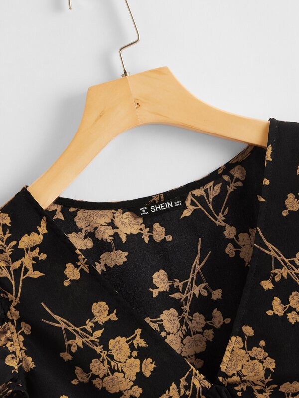 SHEIN Floral Print Ruffle Trim Asymmetrical Top | SHEIN USA
