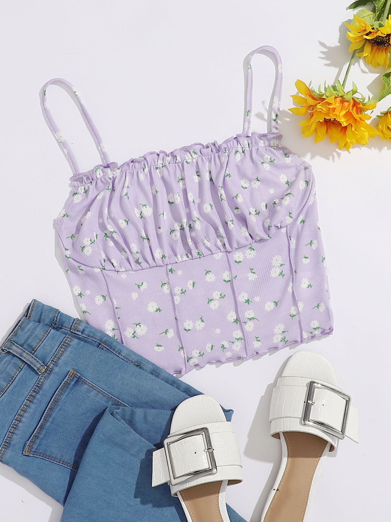 SHEIN Dreamara Cottagecore Ruched Bust Frill Trim Seam Front Cami Top ...