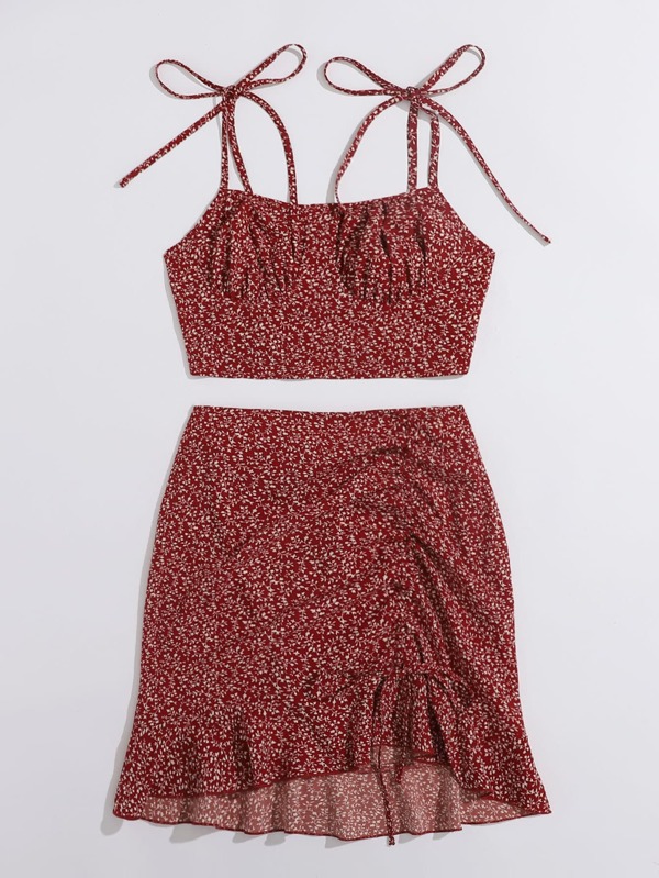 Shein Wywh Knot Strap Ruched Bust Shirred Back Ditsy Floral Top And Skirt