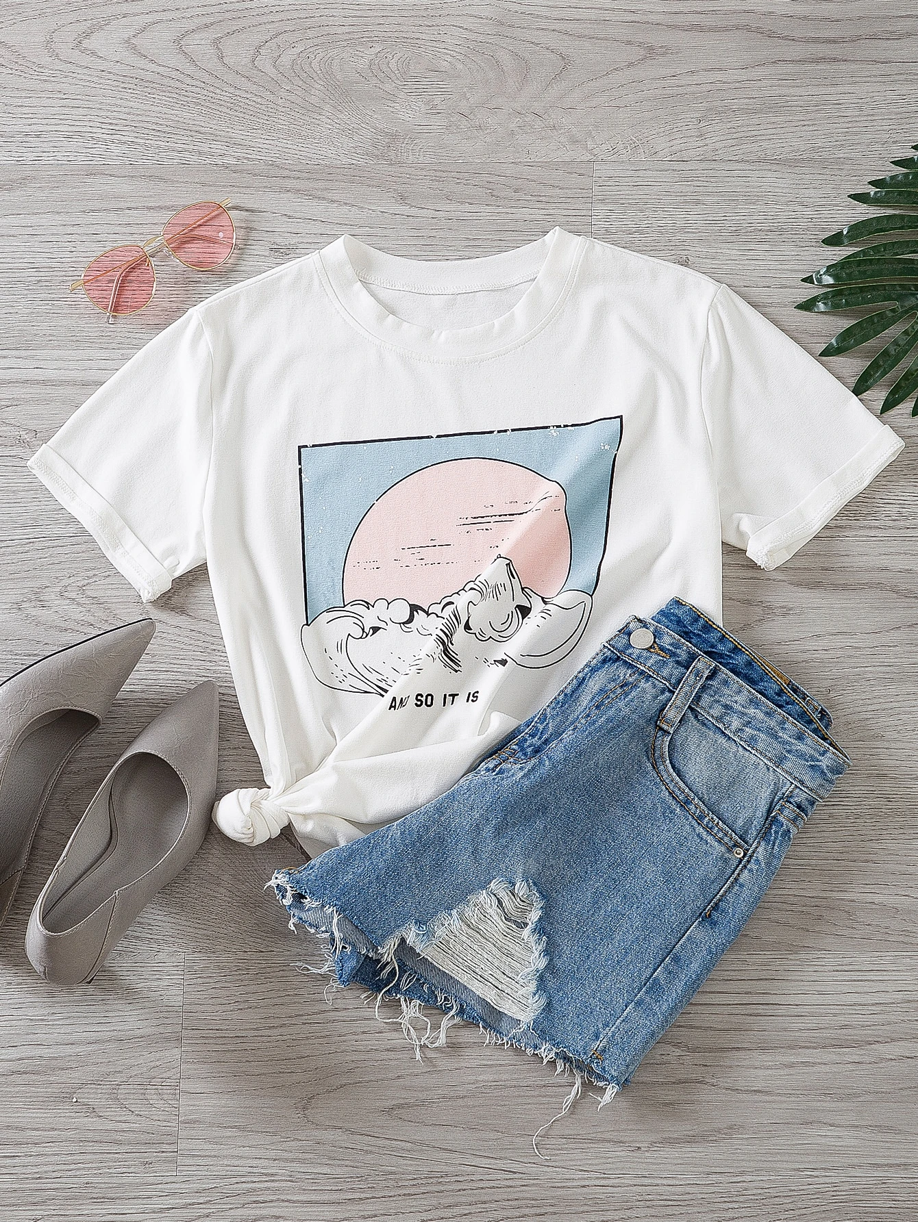 SHEIN LUNE Branco Gráfico ocasional Camiseta | SHEIN Brasil