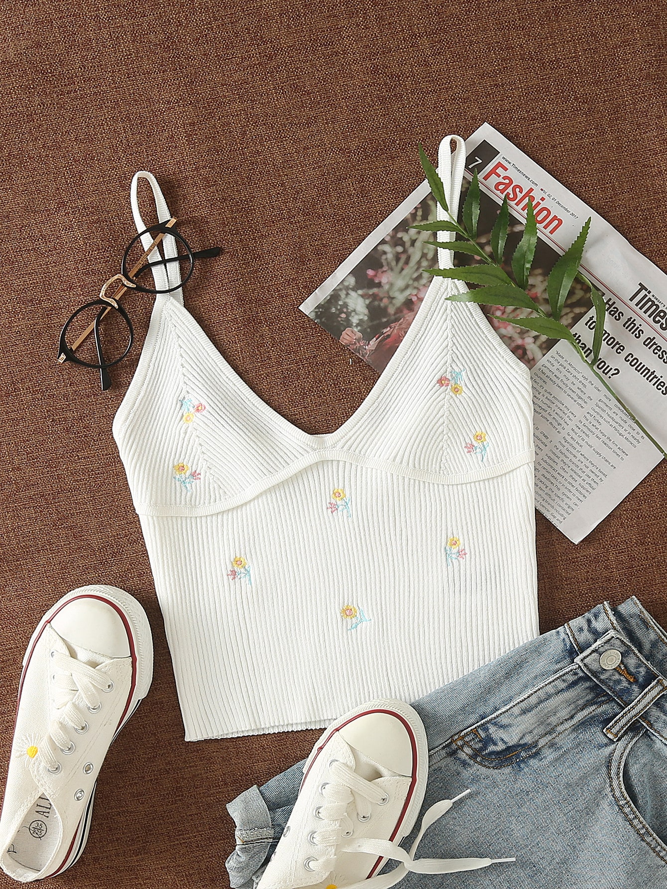 Ditsy Floral Rib-knit Cami Top