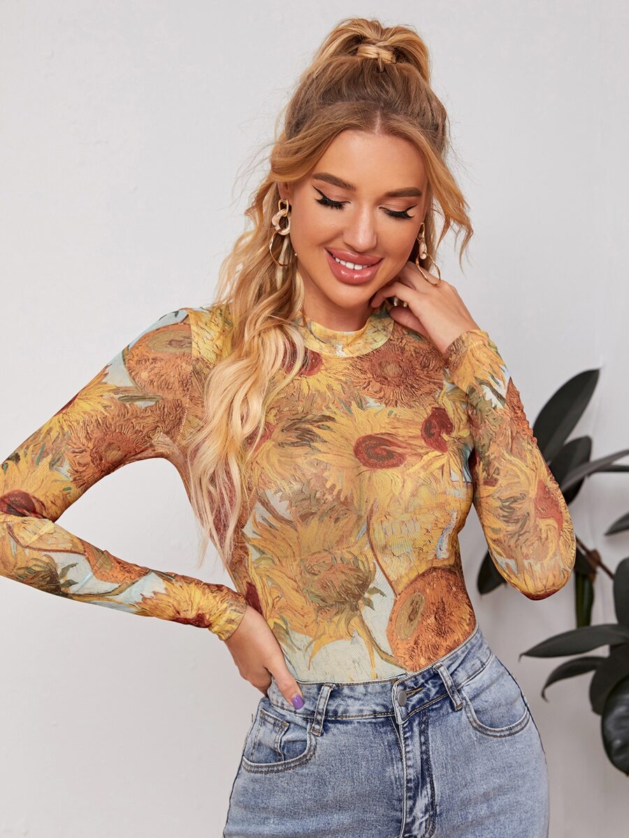 Shein Privé Mock Neck Sunflower Mesh Fitted Top Shein Usa