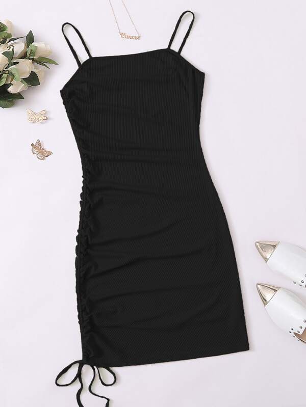 Solid Drawstring Detail Rib Knit Bodycon Dress Shein Usa