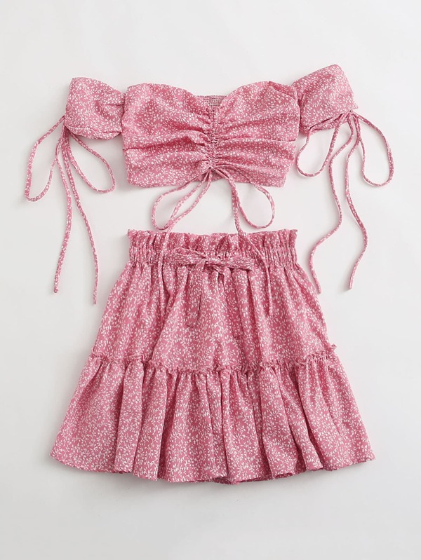 SHEIN Rosa Empoeirado Cordão Plantas Boho Roupa de 2pçs | SHEIN Brasil