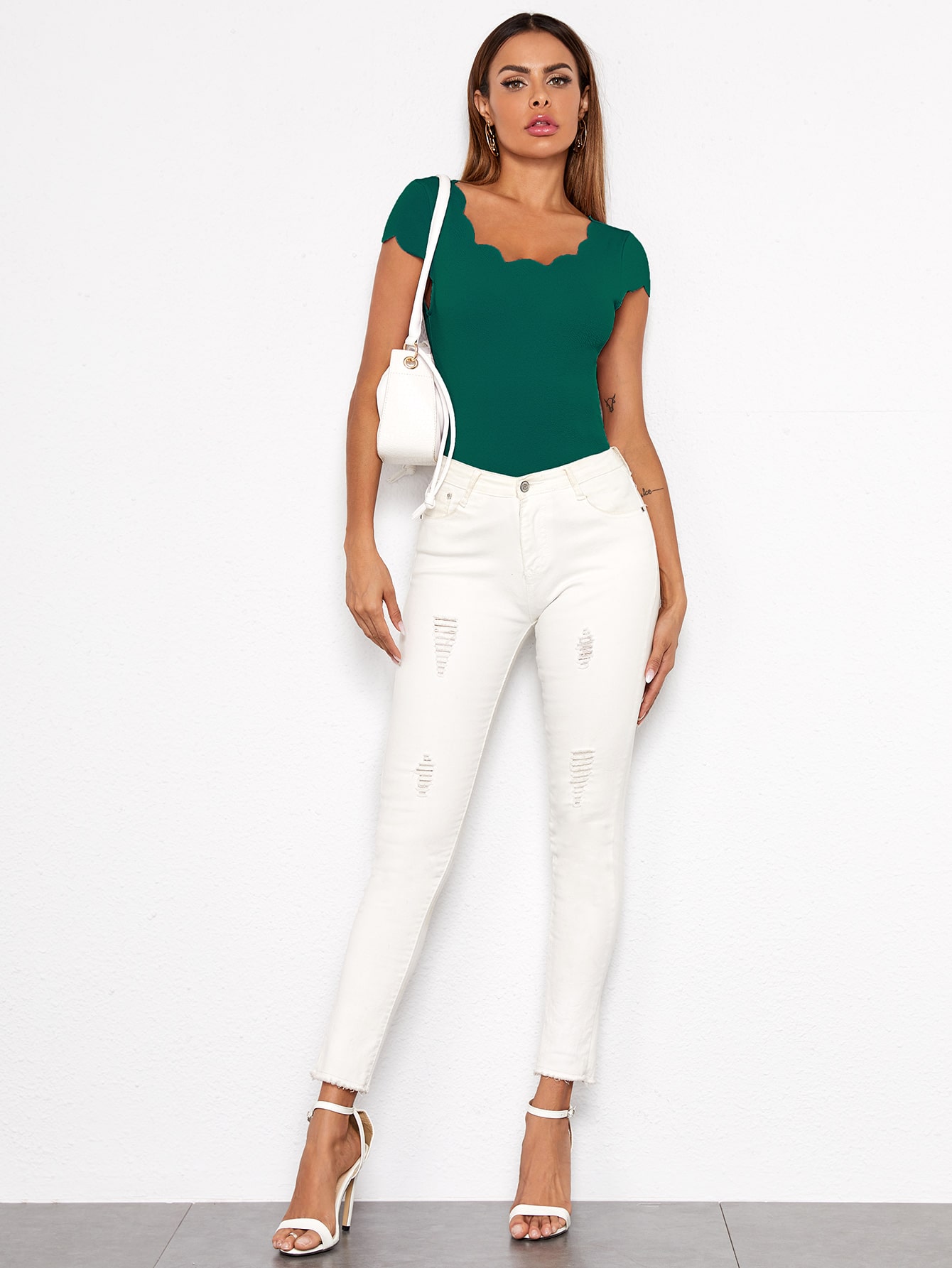 SHEIN Clasi Scallop Trim Form Fitted Top | SHEIN USA