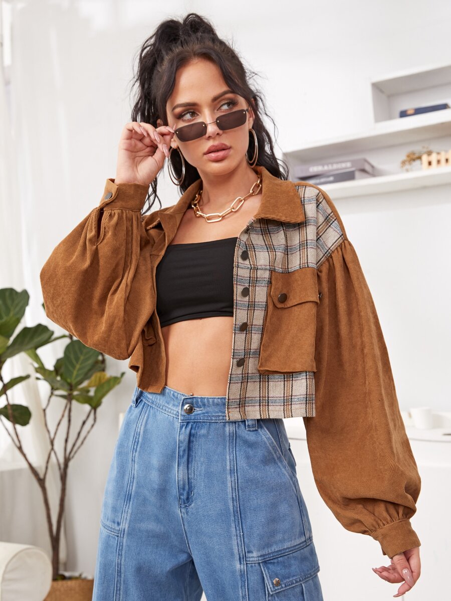 Spliced Plaid Flap Pocket Crop Cord Shacket | SHEIN USA