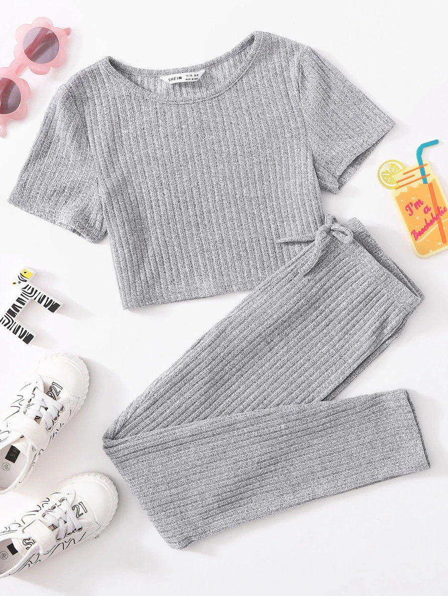 SHEIN Tween Girl Rib-Knit Top & Bow Waist Leggings Set | SHEIN USA