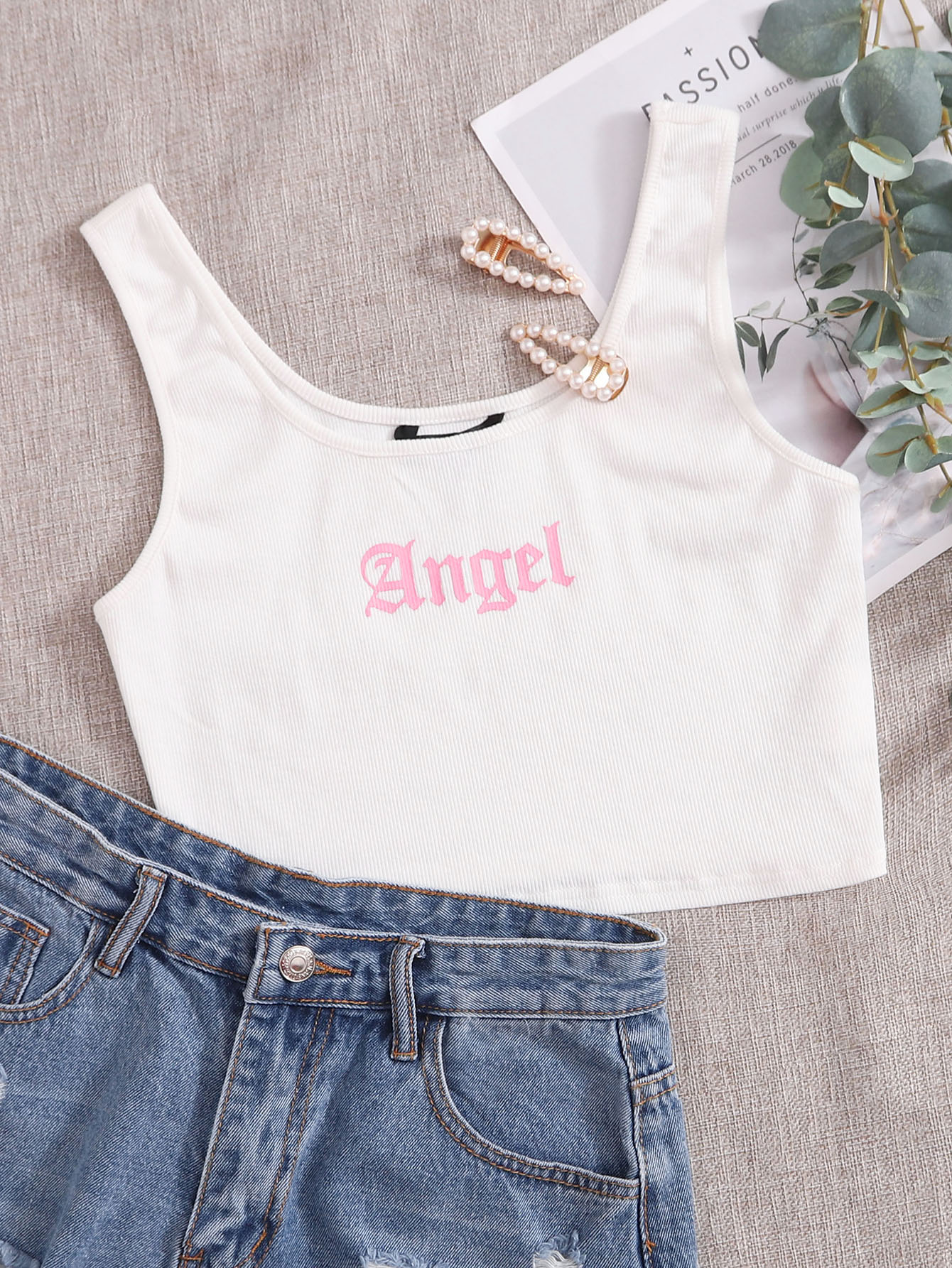 Shein Qutie Letter Graphic Rib Knit Crop Top Shein Usa