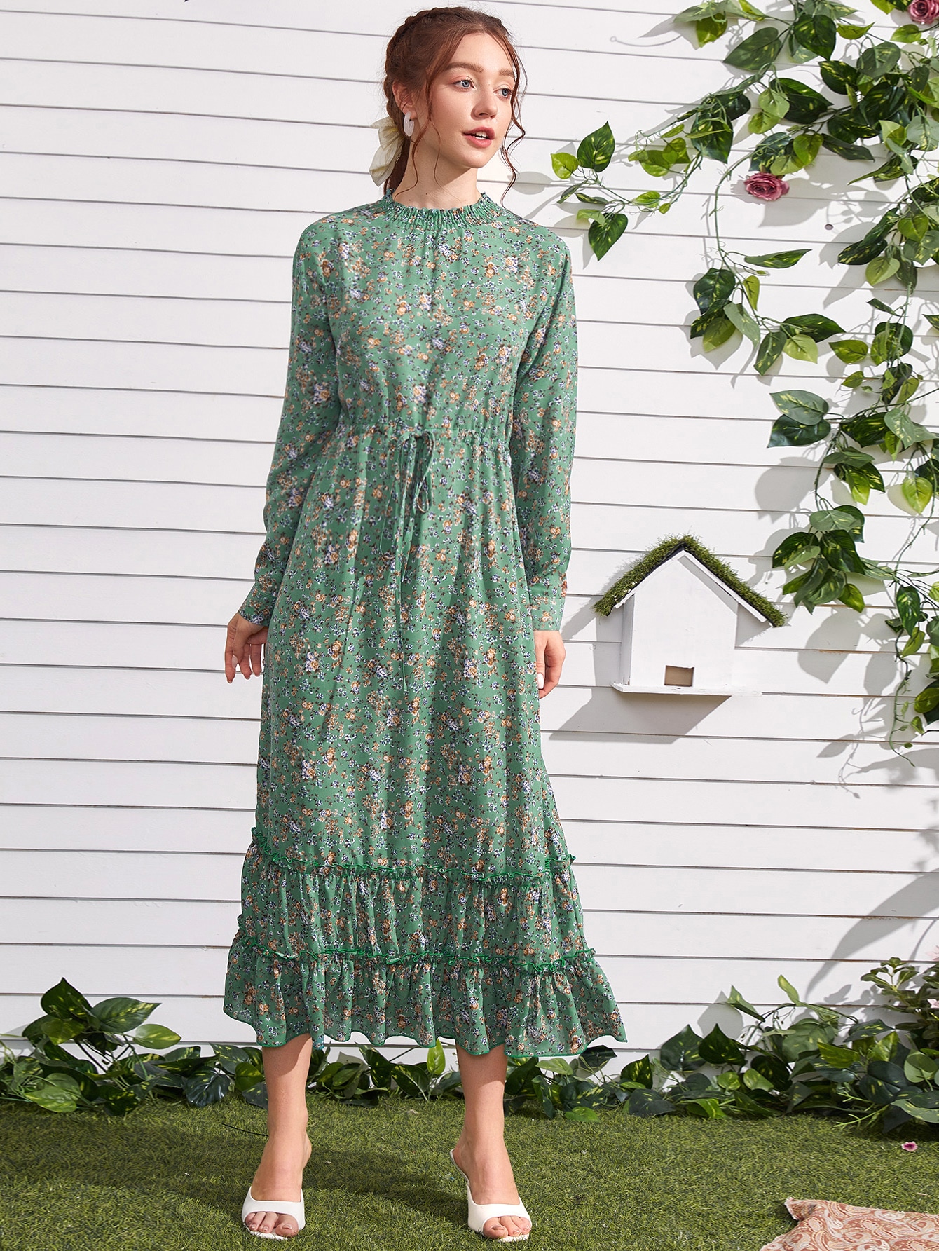 Ditsy Floral Shirred Neck Drawstring Dress | Shein Usa