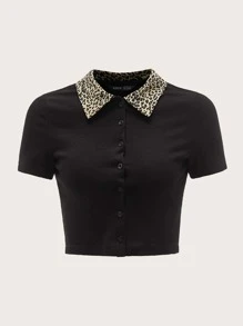SHEIN LUNE Leopard Collared Buttoned Front Crop Top | SHEIN USA