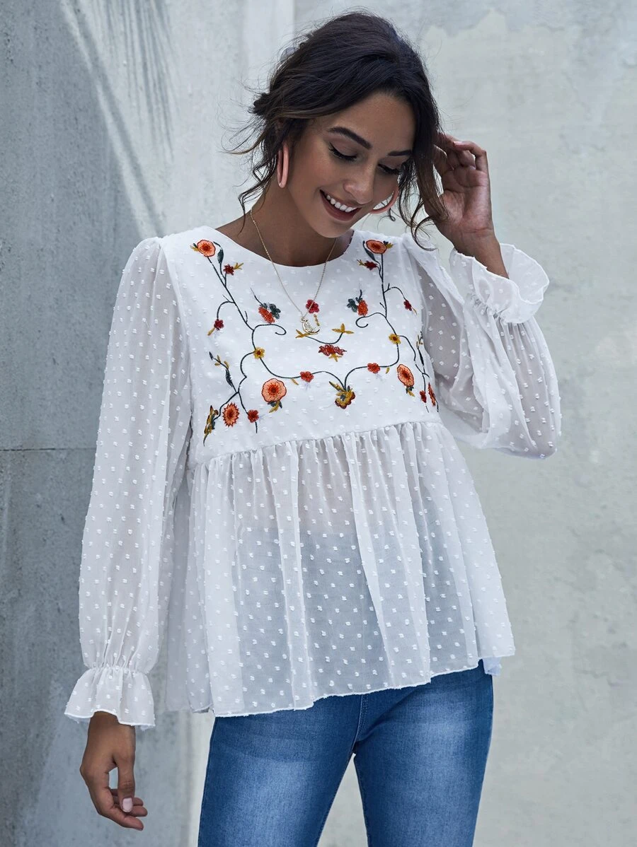 SHEIN LUNE Embroidered Flower Swiss Dot Peplum Top | SHEIN USA