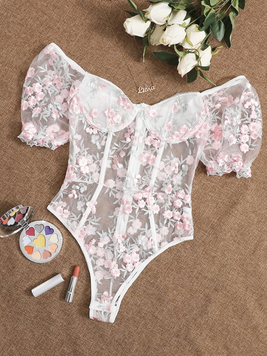 Flower Embroidered Mesh Bustier Bodysuit | SHEIN USA