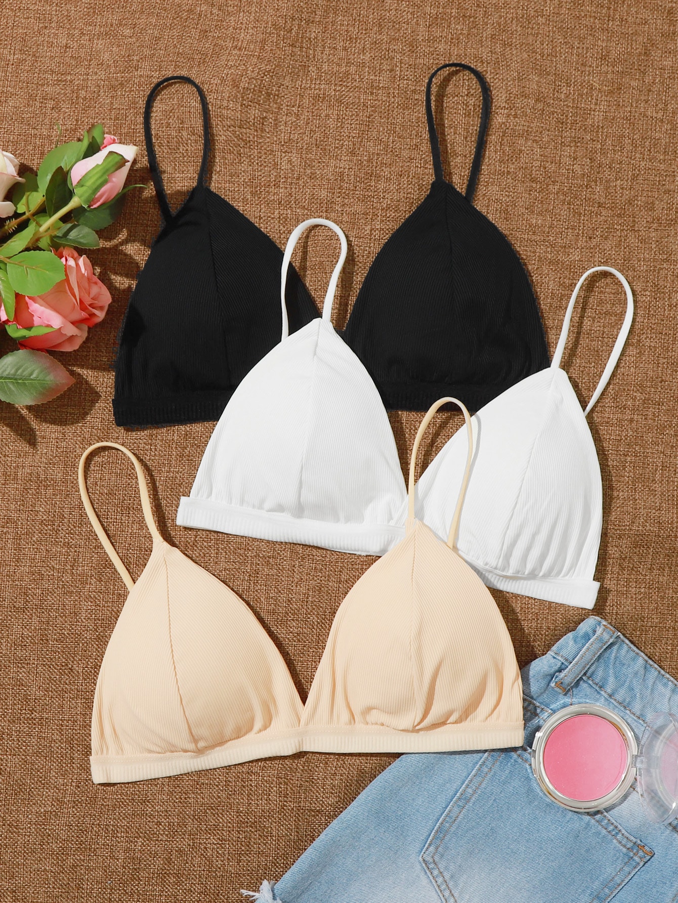 3pack Ribbed Triangle Bralette Set