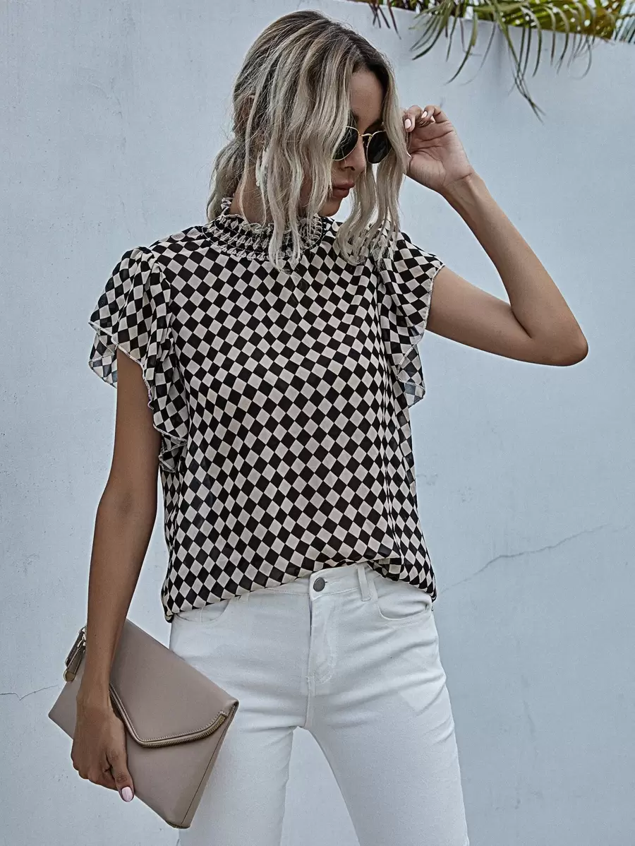 Checkerboard Print Shirred Neck Blouse | SHEIN USA