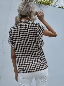 Checkerboard Print Shirred Neck Blouse | SHEIN USA
