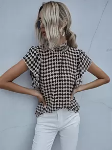 Checkerboard Print Shirred Neck Blouse | SHEIN USA