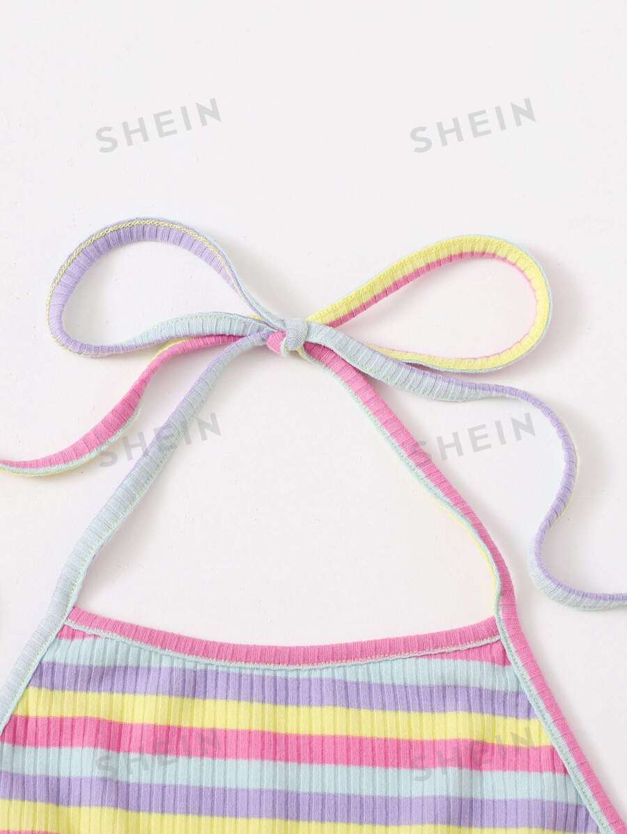 Shein Ezwear Top Halter De Rayas De Arcoíris Tejido De Canalé De