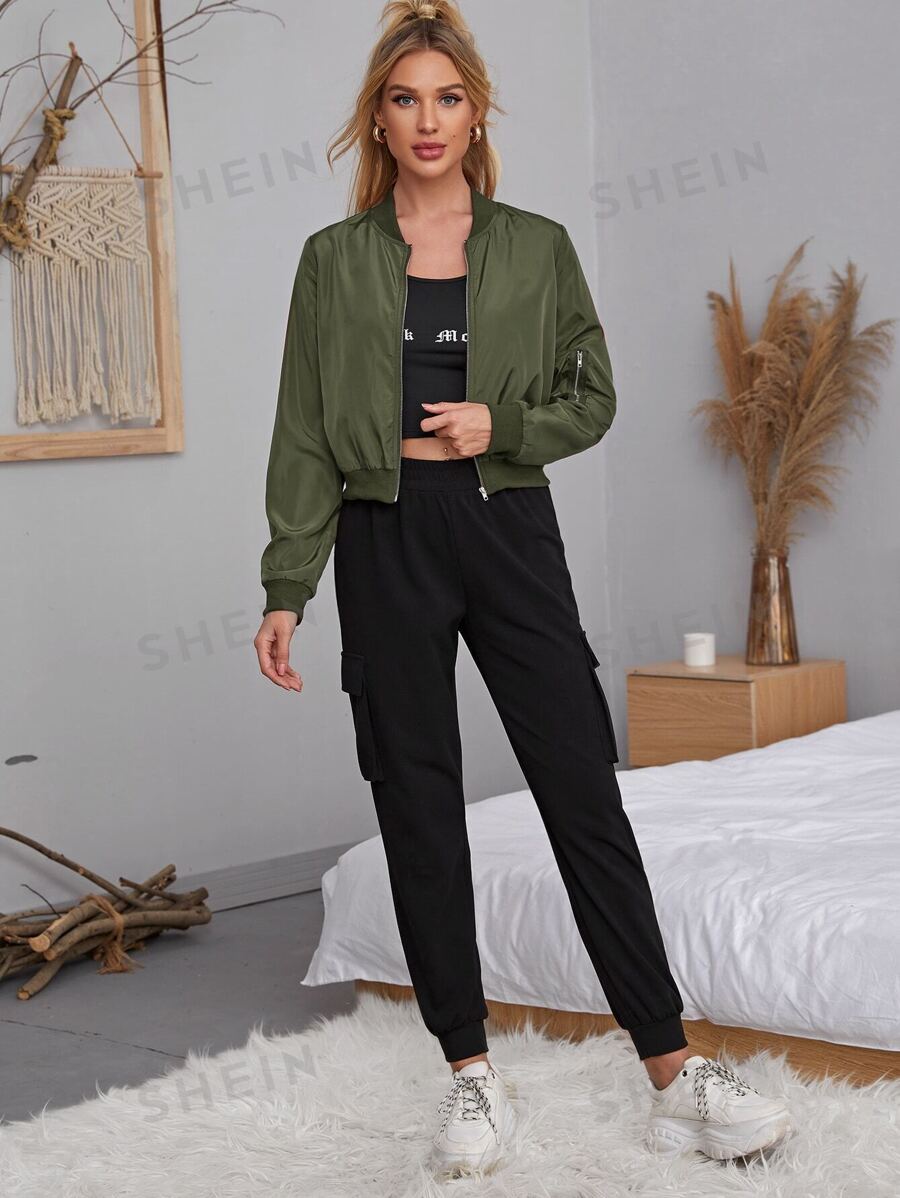 SHEIN Essnce Zipper Detail Solid Bomber Jacket | SHEIN UK