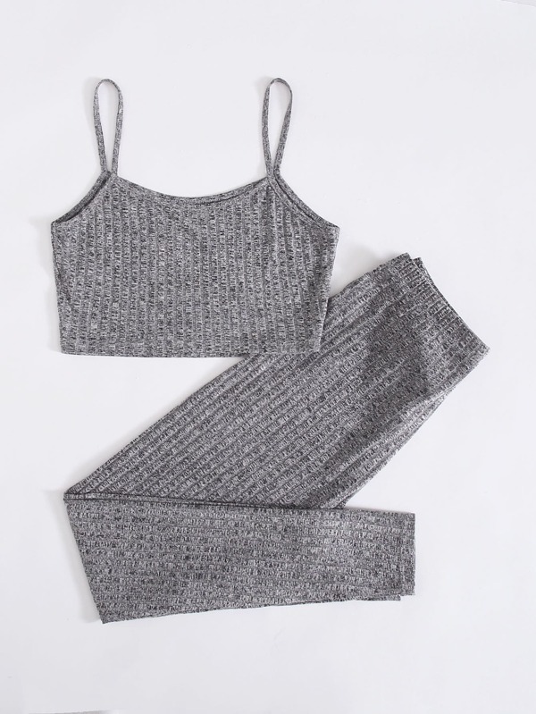 Shein Ezwear Rib Knit Crop Cami Top And Knot Waist Leggings Set Shein Usa