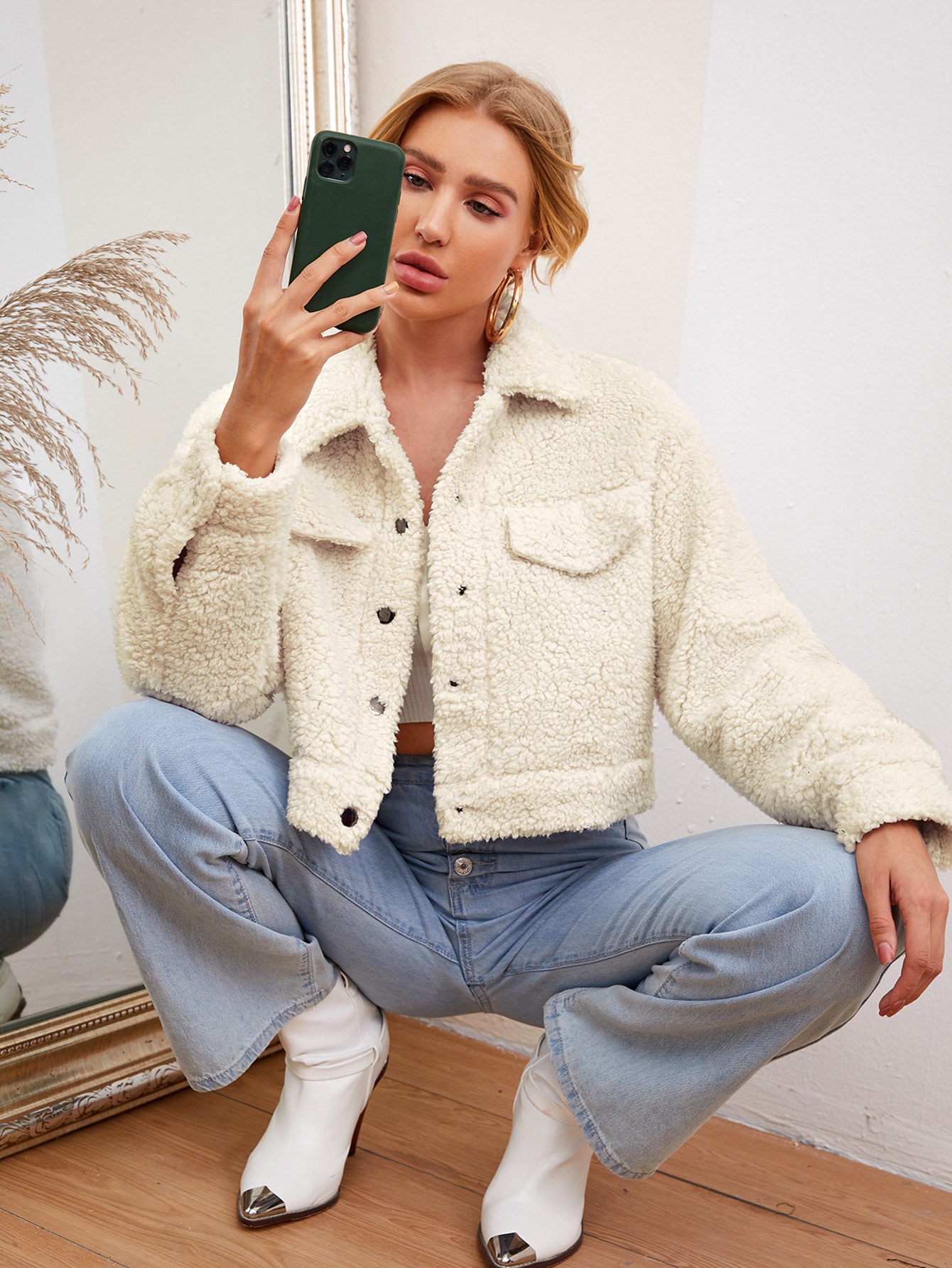 Flap Detail Crop Teddy Jacket