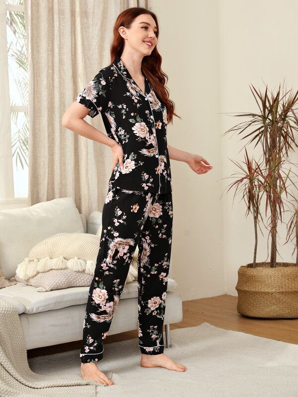Floral And Crane Print Contrast Binding Pajama Set | SHEIN USA