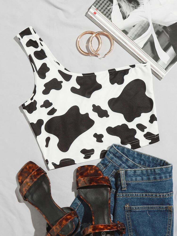 SHEIN EZwear One Shoulder Cow Print Crop Top | SHEIN Malaysia