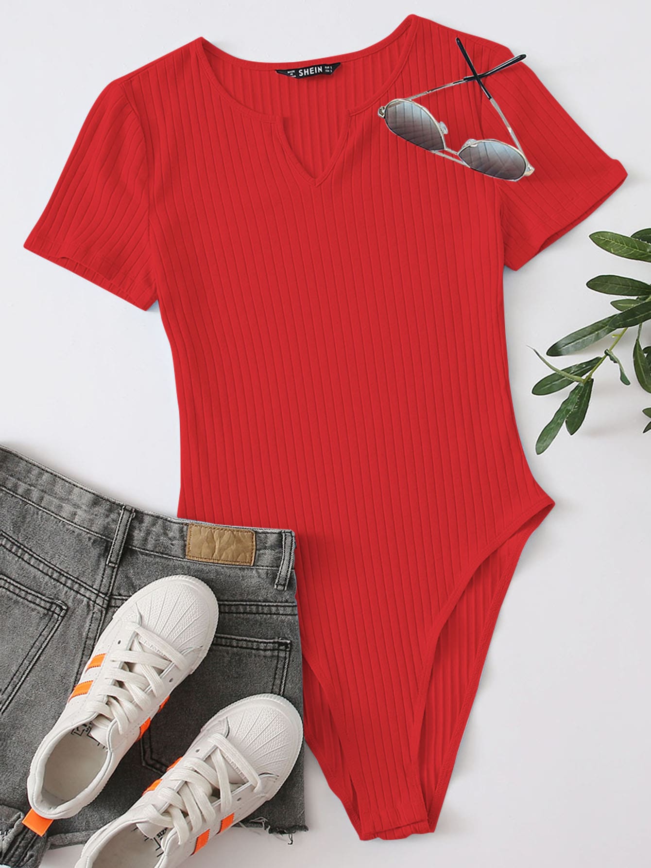 Shein Ezwear Notched Neck Rib Knit Bodysuit Shein Usa