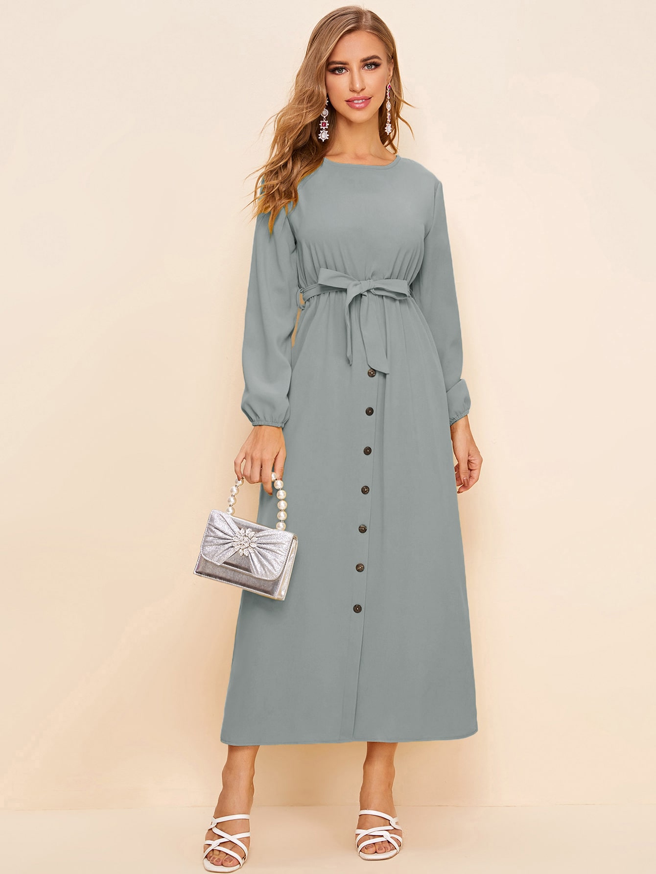 Button Front Keyhole Back Belted Long Dress | SHEIN USA