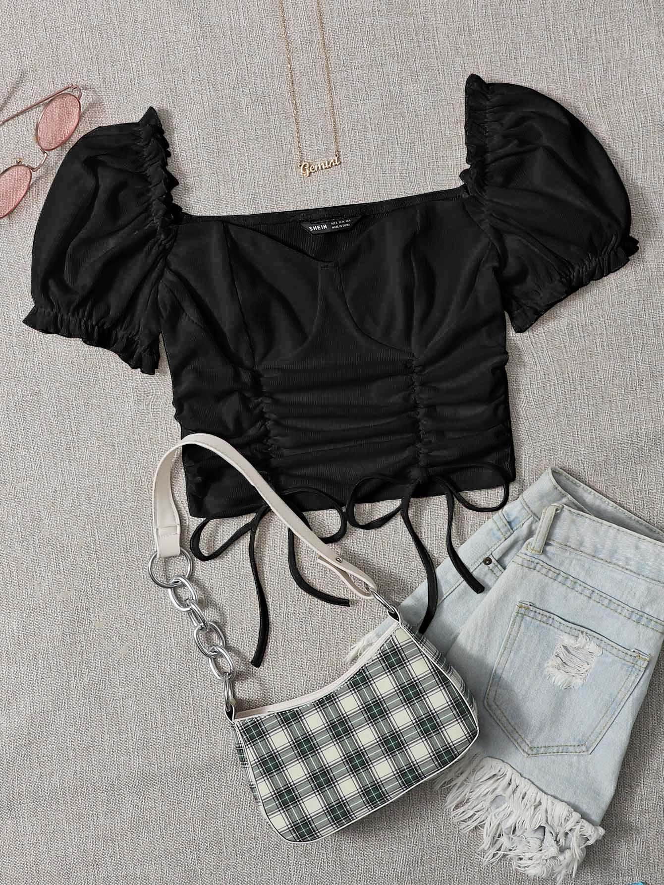 SHEIN Qutie Puff Sleeve Drawstring Knot Front Top | SHEIN USA
