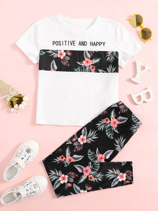 SHEIN Kids Nujoom Girls Slogan & Floral Print Top And Leggings Set ...