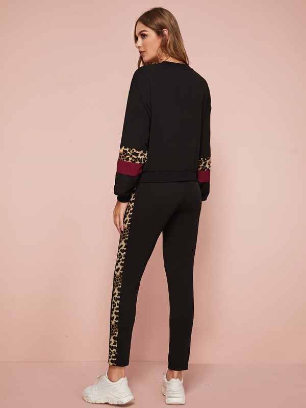 SHEIN Colorblock Leopard Panel Pullover & Pants Set | SHEIN USA