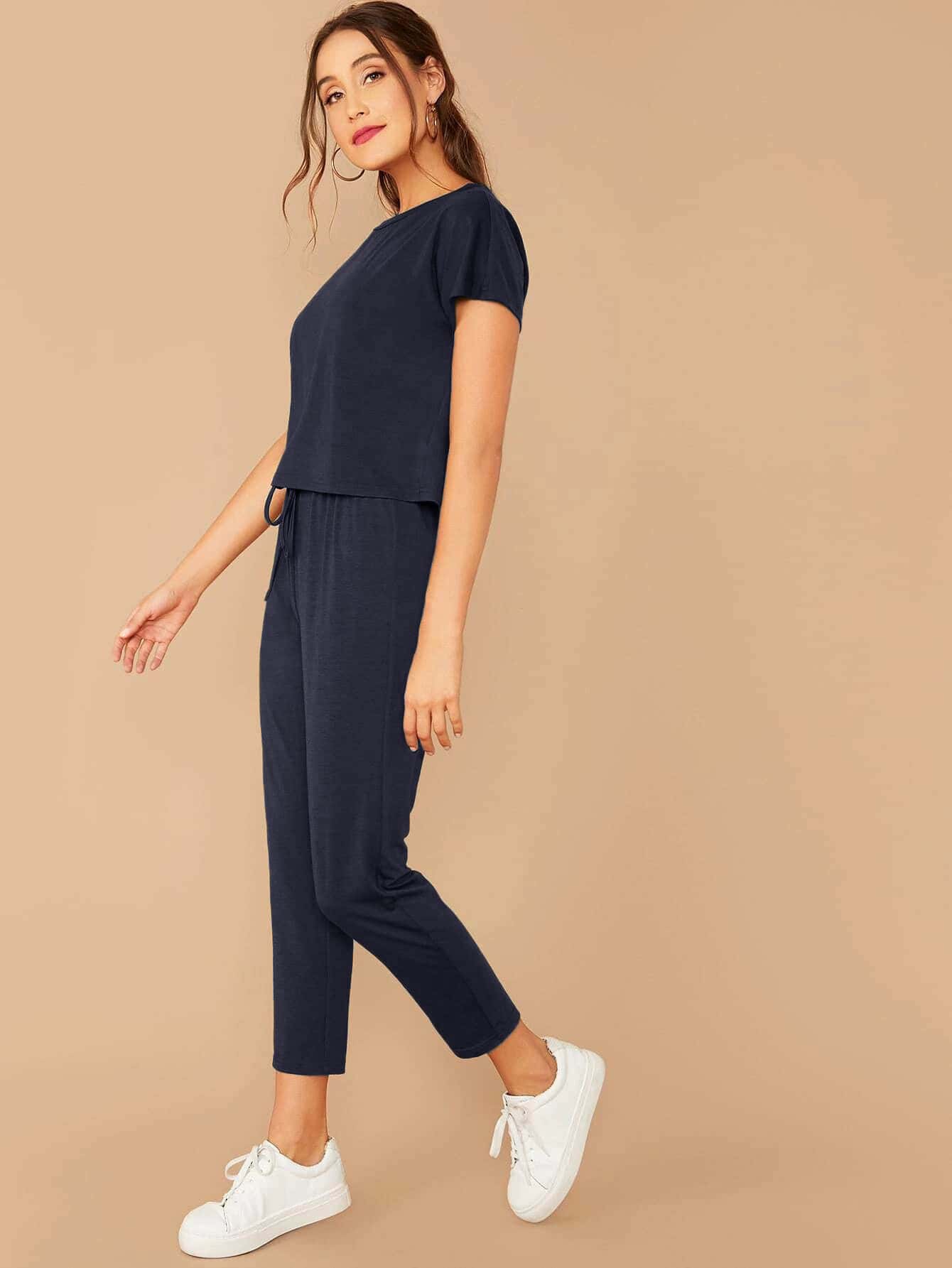 SHEIN LUNE Solid Top & Tie Front Pants Set | SHEIN USA