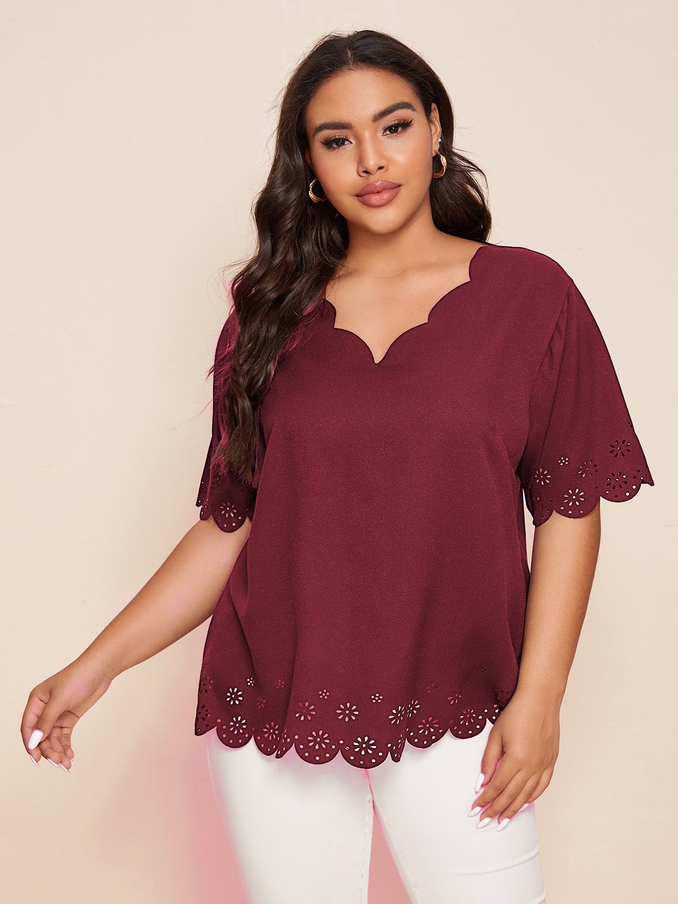 Plus Scallop Trim Laser Cut Out Blouse