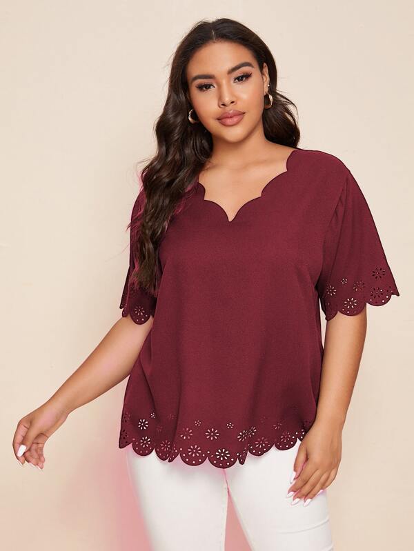 Shein Clasi Plus Scallop Trim Laser Cut Out Blouse Shein Uk