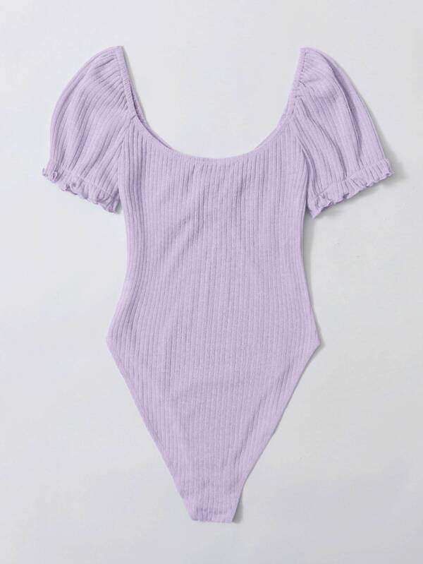 Shein Ezwear Frilled Puff Sleeve Ruched Bust Rib Knit Bodysuit Shein Usa