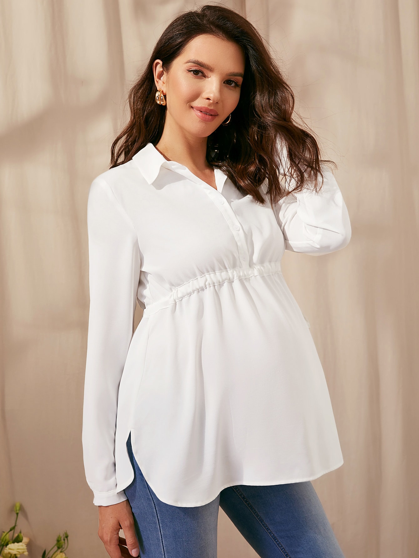 Maternity Button Front Drawstring Waist Top