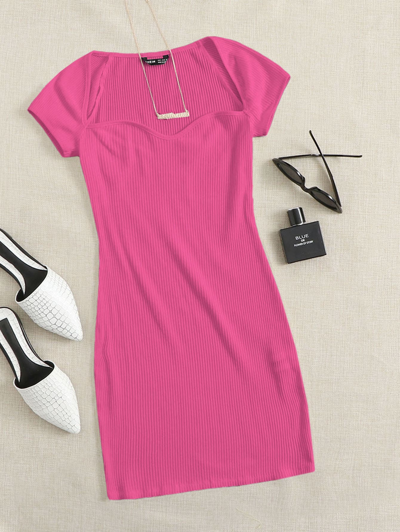 SHEIN Neon Pink Sweetheart Neck Rib-knit Bodycon Dress | SHEIN EUR