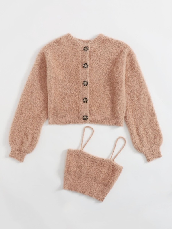SHEIN Qutie Button Front Fuzzy Knit Cardigan With Cami | SHEIN USA