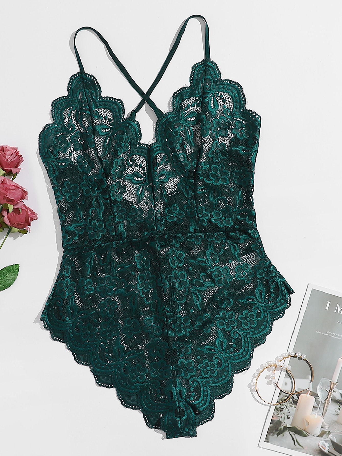 Plus Floral Lace Scallop Trim Teddy Bodysuit